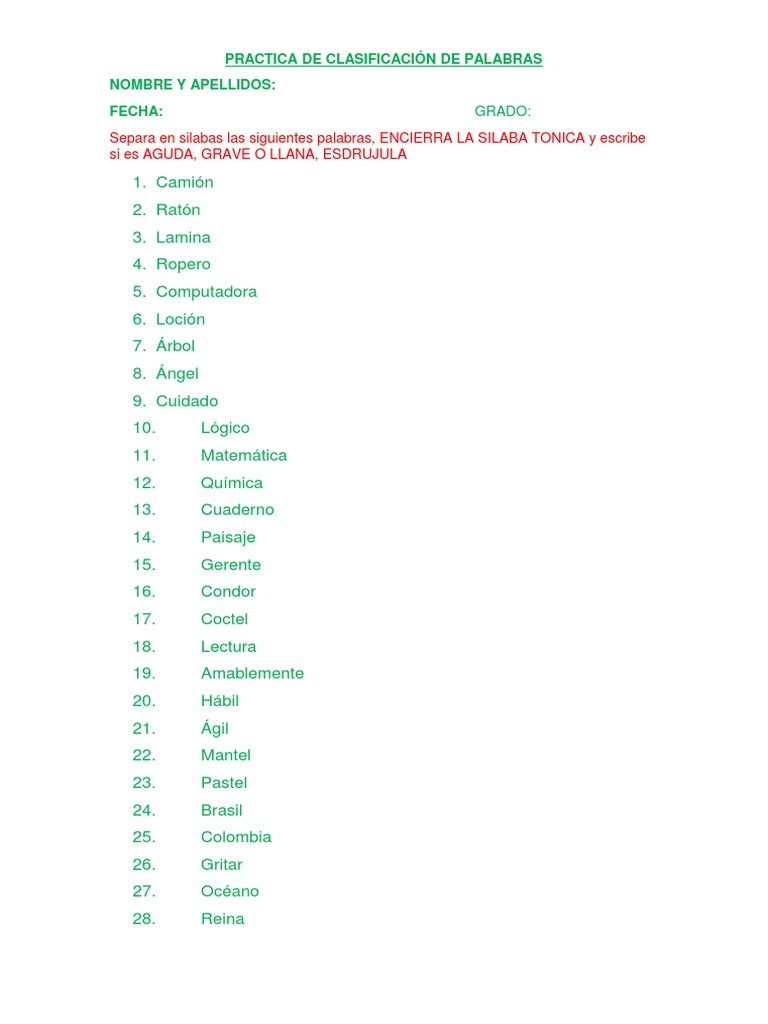 Practica de Palabras Agudas Graves Esdrujula | PDF