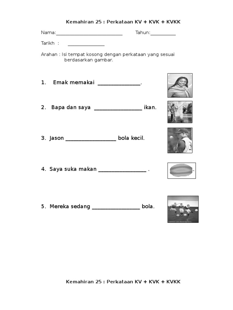 Lembaran Kerja Kemahiran 25 Perkataan KV KVK KVKK | PDF