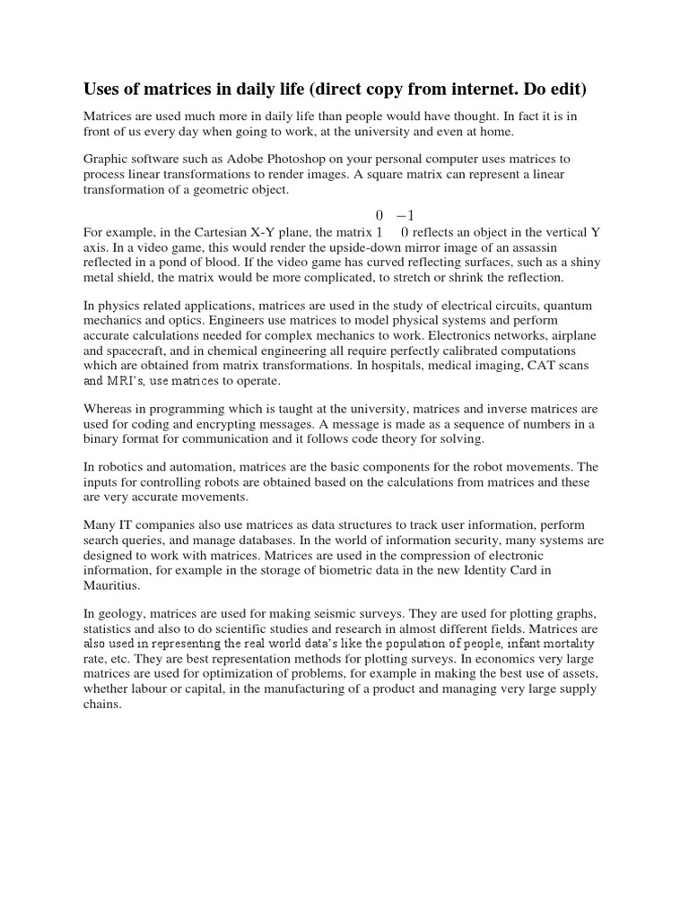 Matrices in Everyday Applications | PDF | Matrix (Mathematics ...