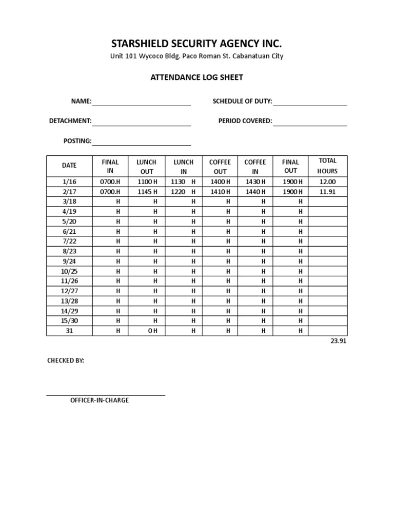 Starshield Security Agency Inc.: Attendance Log Sheet | PDF