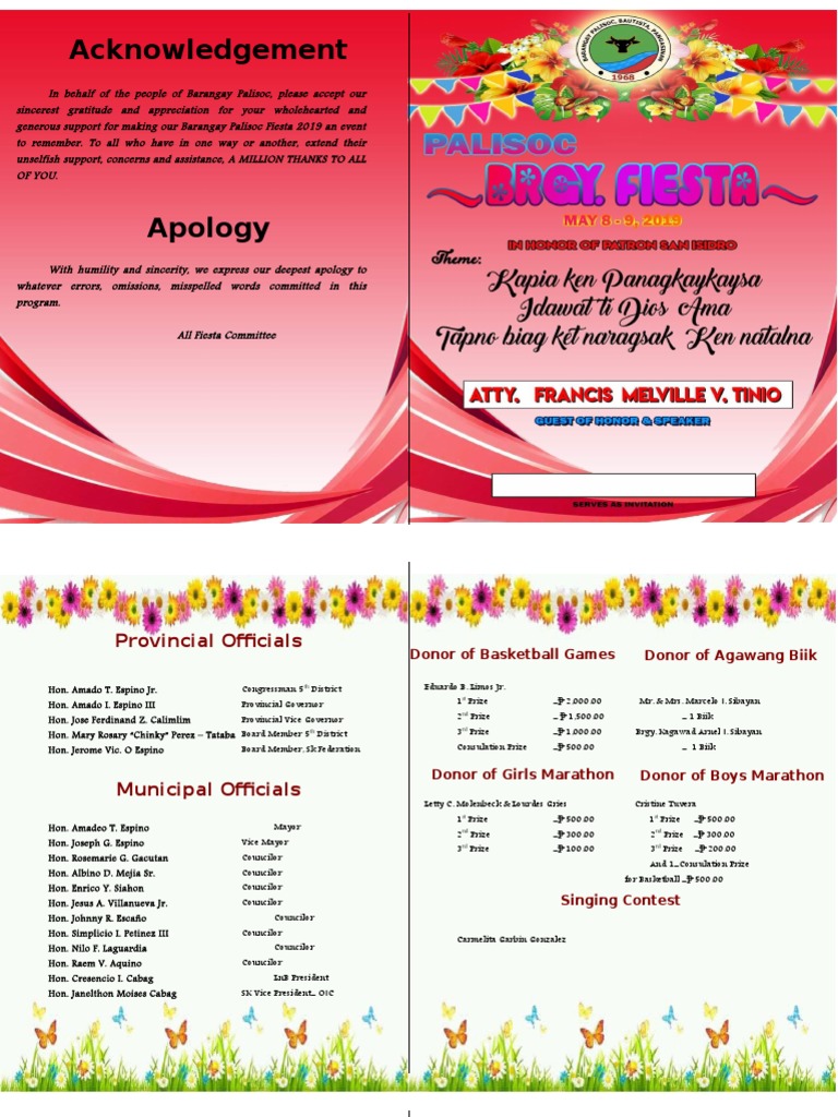 Barangay Palisoc Fiesta 2019 Acknowledgments | PDF | Local Government ...