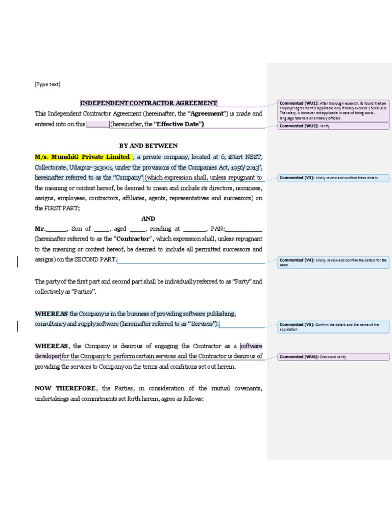 Draft Independent Contractor Agreement between MunshiG Private Limited and a Software Developer ...