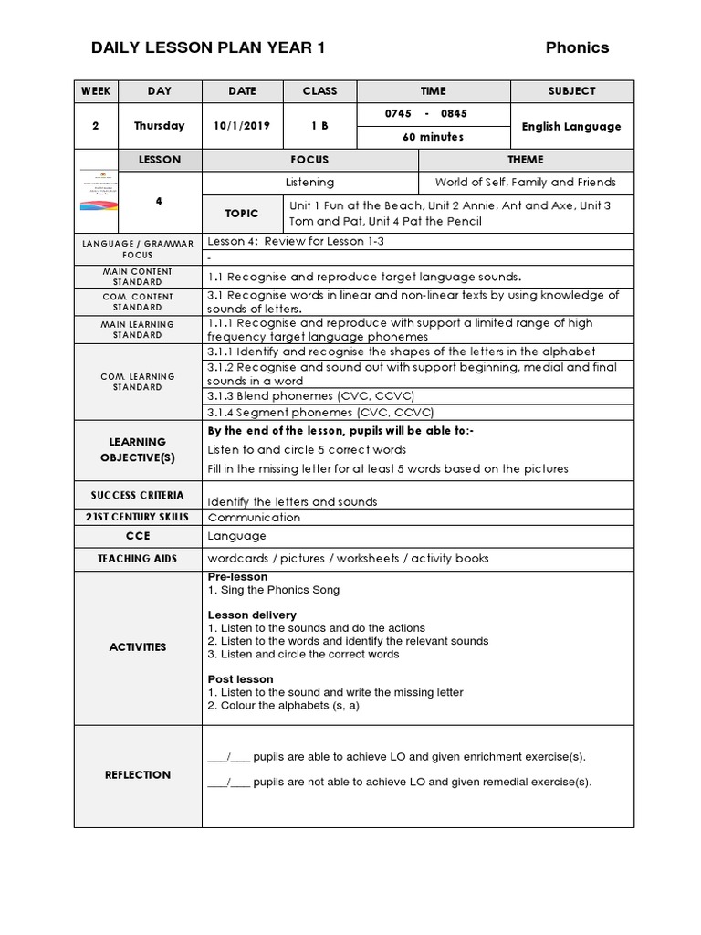 Daily Lesson Plan Year 1 Phonics | PDF | Phonics | Word