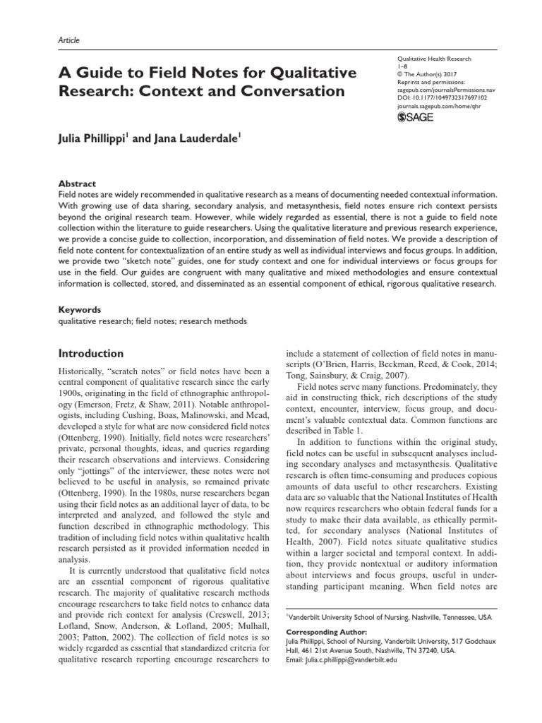 A Guide To Field Notes For Qualitative Research: Context and ...