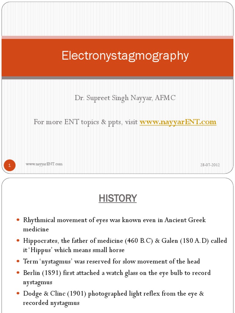 Electronystagmography: Dr. Supreet Singh Nayyar, AFMC For More ENT ...