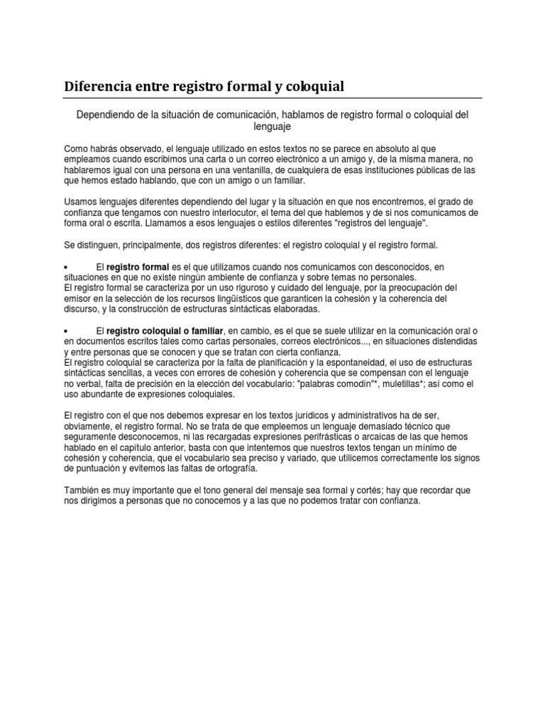 Diferencia Entre Registro Formal y Coloquial | PDF | Comunicación ...