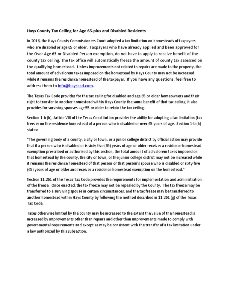 Hays County Tax Ceiling For Age 65 Plus and Disabled Residents | PDF ...