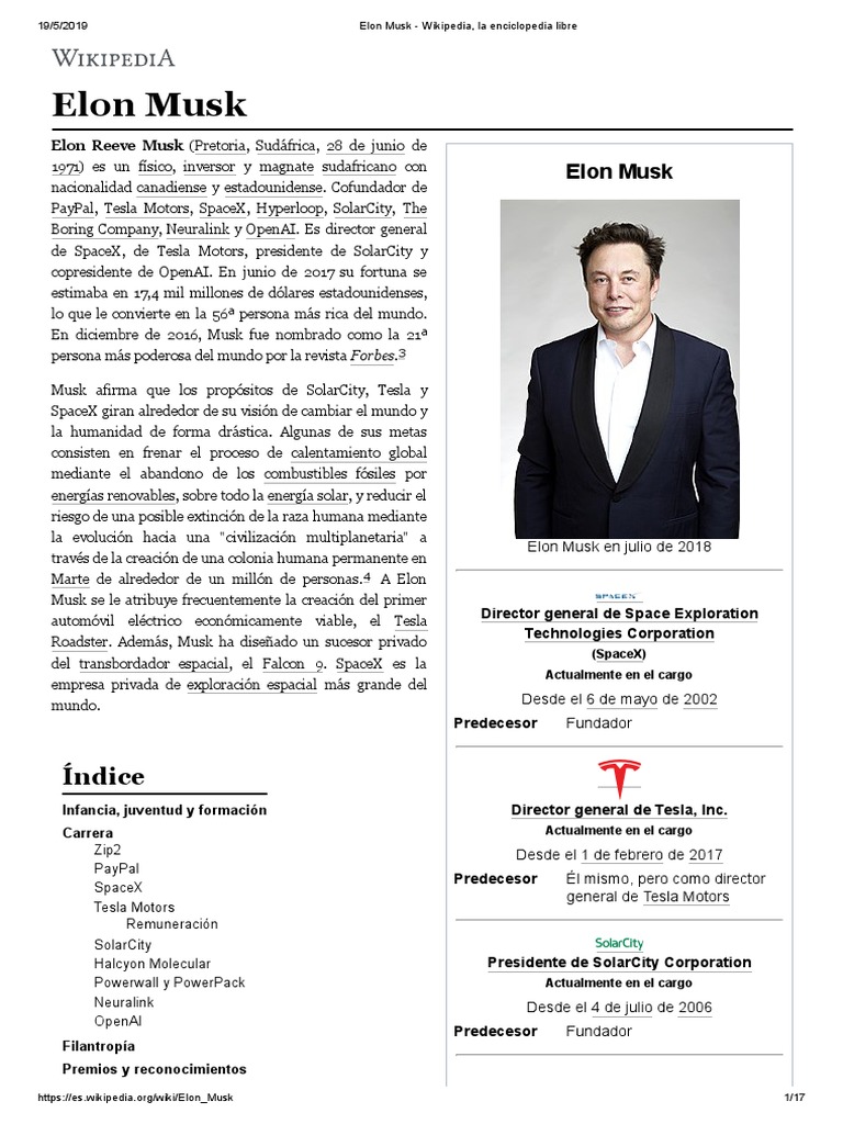 Elon Musk - Wikipedia, La Enciclopedia Libre | Elon Musk | Espacio X