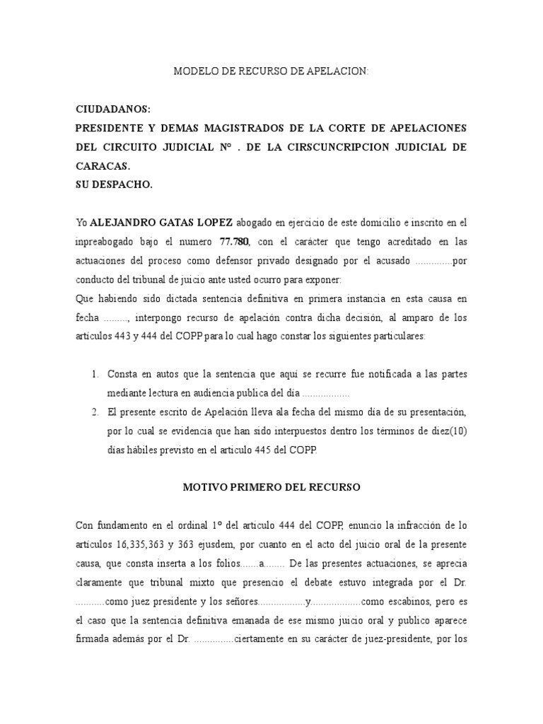 Modelo de Recurso de Apelacion | Apelación | Sentencia (ley)