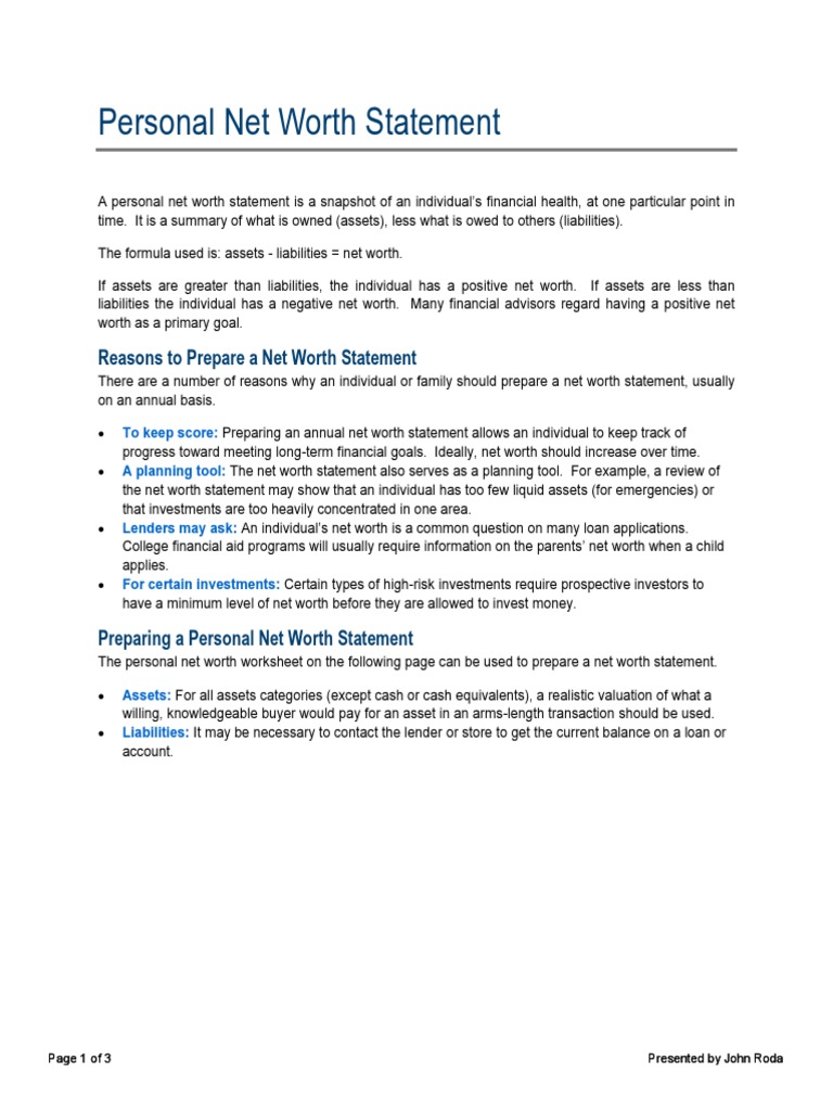 Personal Net Worth Statement Guide | PDF | Loans | Investing