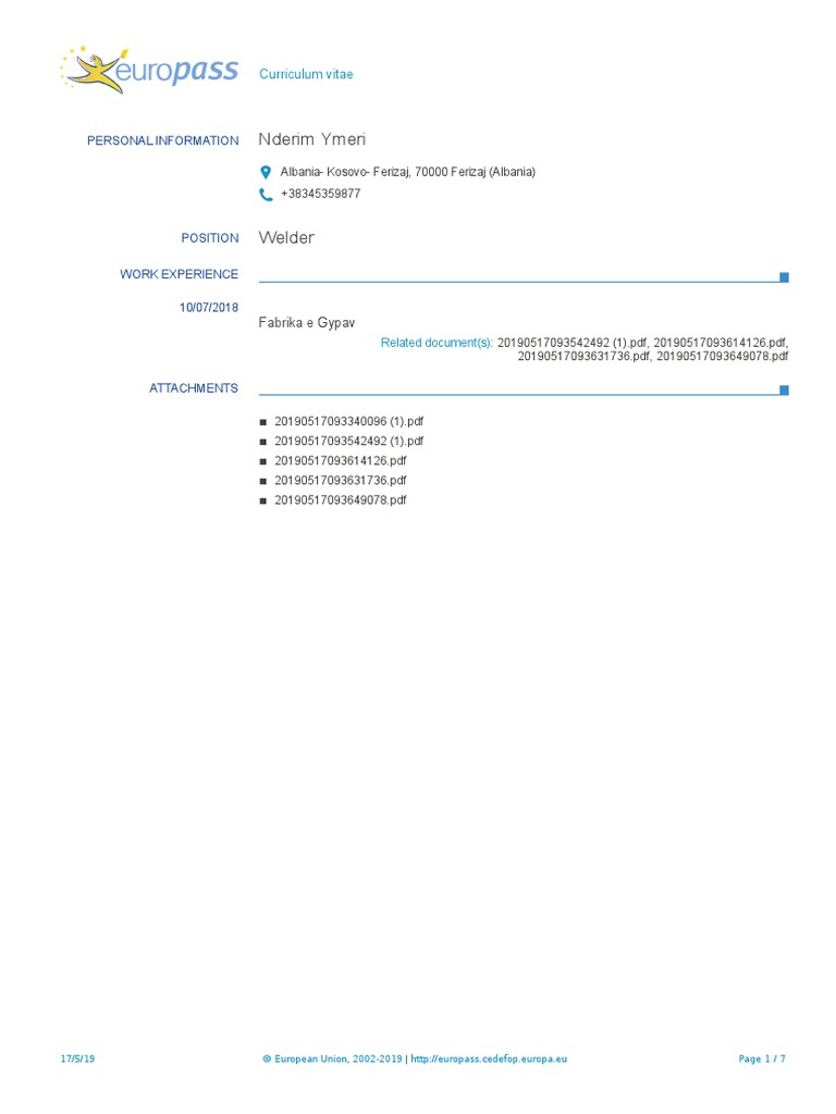 Cv Esp Europass 20190517 Ymeri En Pdf Trade Blocs Written
