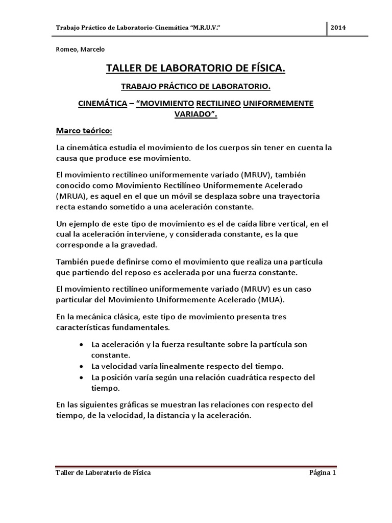 Taller de Laboratorio de Física - Cinemática Mruv | PDF | Movimiento (física) | Aceleración
