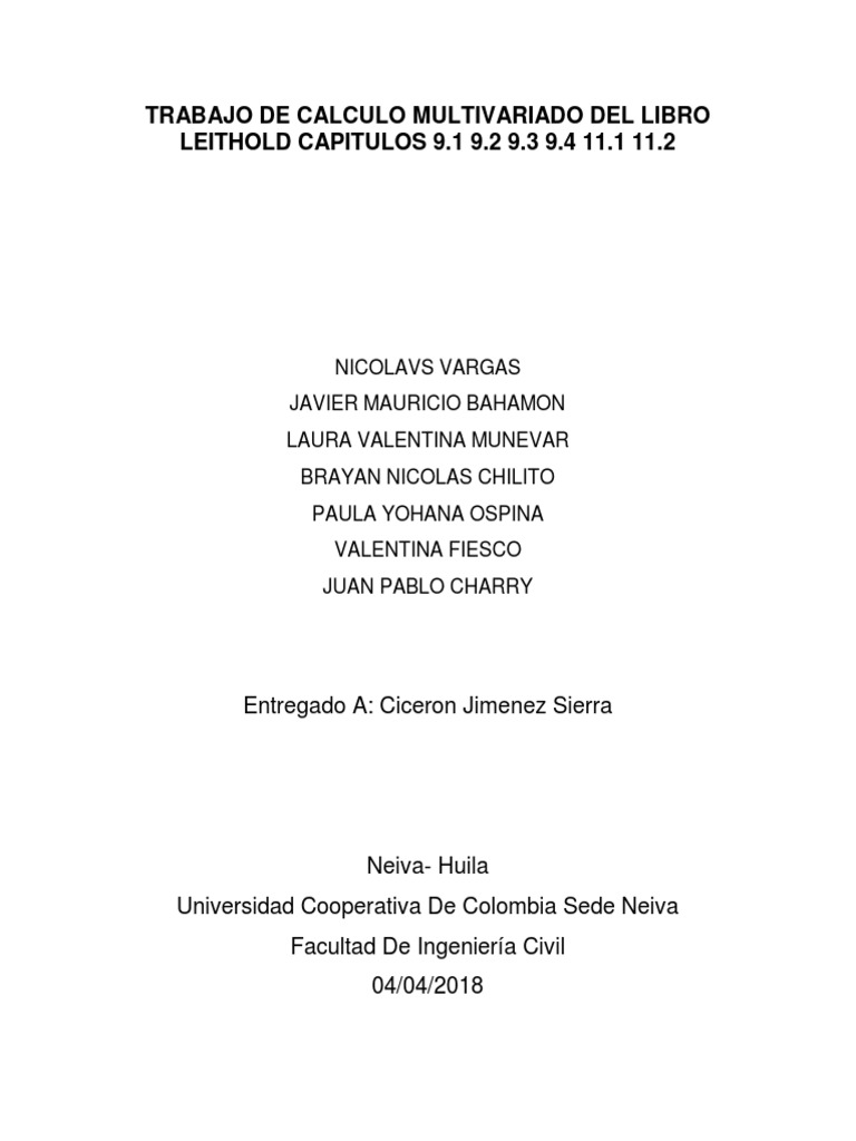 Trabajo de Calculo Multivariado Del Libro Leithold Capitulos 9 | PDF ...