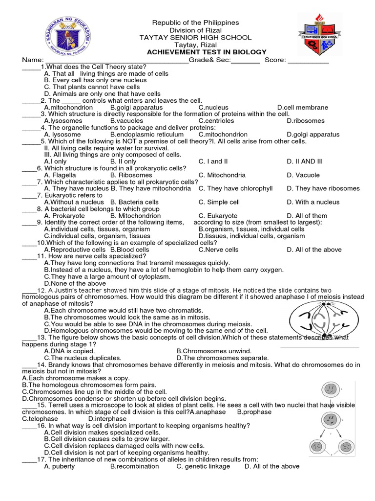 Achievement Test Biology | PDF | Mitosis | Cellular Respiration