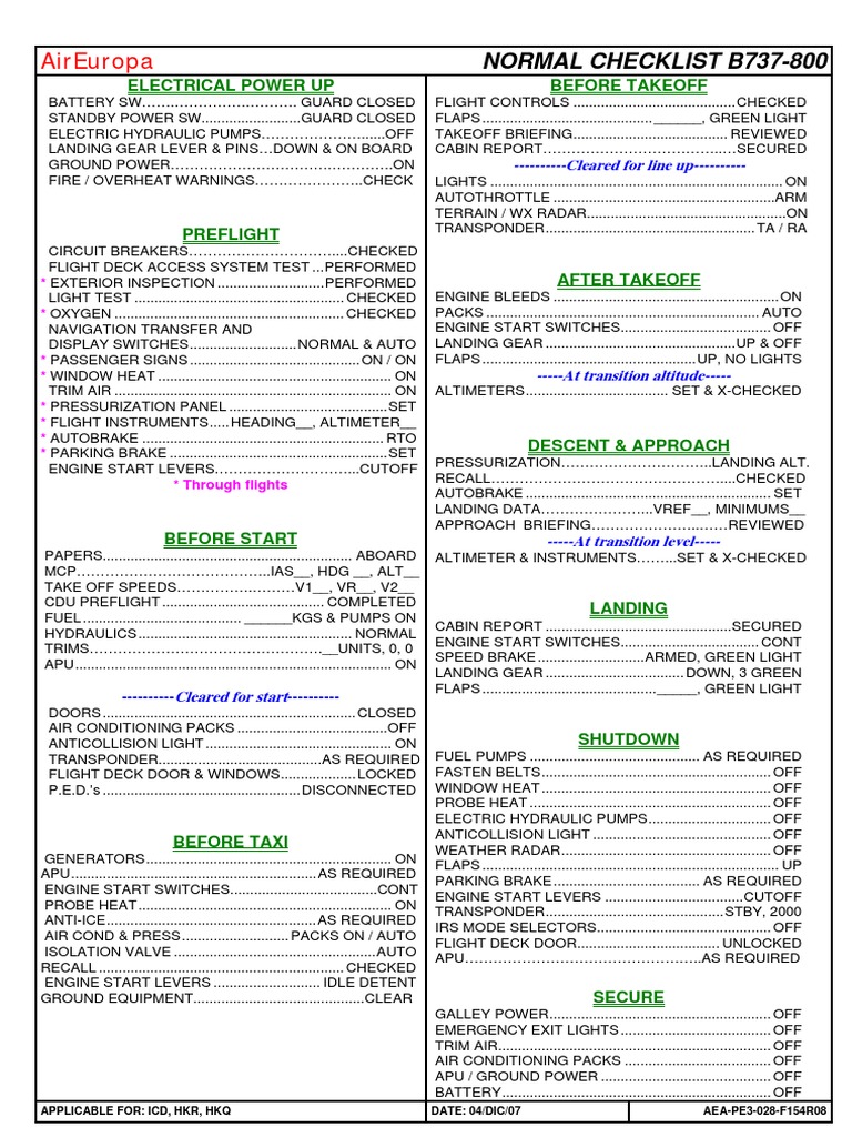 Aireuropa: Normal Checklist B737-800 | PDF | Cockpit | Spaceflight ...