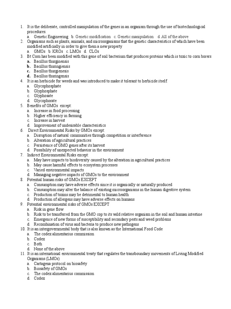 FINALS GMOs QUESTIONS | PDF | Genetically Modified Organism | Genetic ...