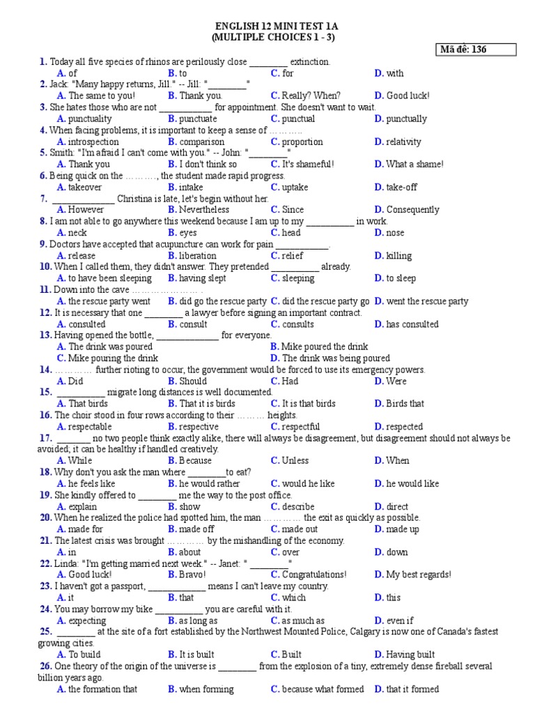 English 12 Mini Test 1A (Multiple Choices 1 - 3) Mã đề: 136 | PDF