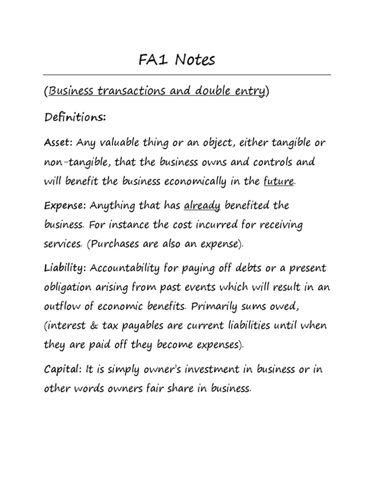 Fa1 Notes Business Transactions And Double Entry Download Free Pdf