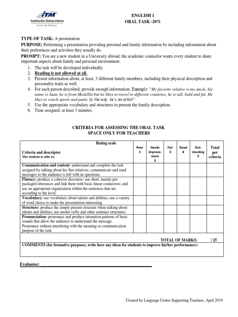 Level 1 Oral Task | PDF | Vocabulary | Communication