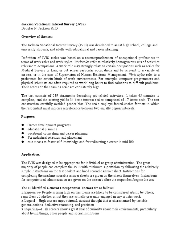 Jackson Vocational Interest Survey - Test Compilation | PDF ...