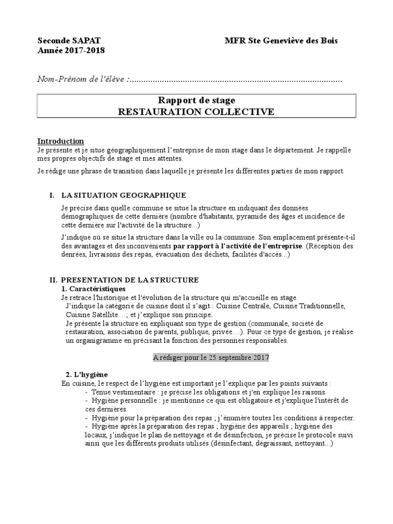 Rapport de Stage Restauration | PDF | Cuisine | Repas