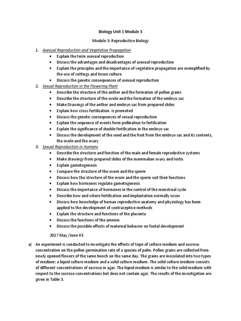 Biology Unit 1 Module 3 Questions | PDF | Sexual Reproduction | Fertilisation