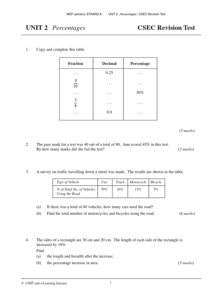 UNIT 2 Percentages CSEC Revision Test: Fraction Decimal Percentage ...