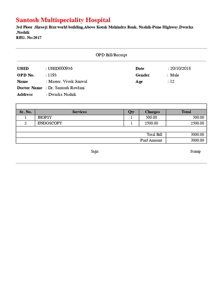 Santosh Multispeciality Hospital: OPD Bill/Receipt | PDF