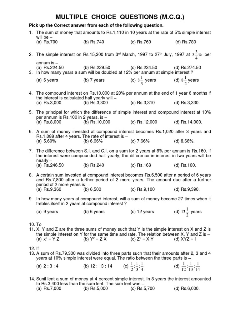 MULTIPLE CHOICE QUESTIONS (M.C.Q.) ON SIMPLE AND COMPOUND INTEREST ...
