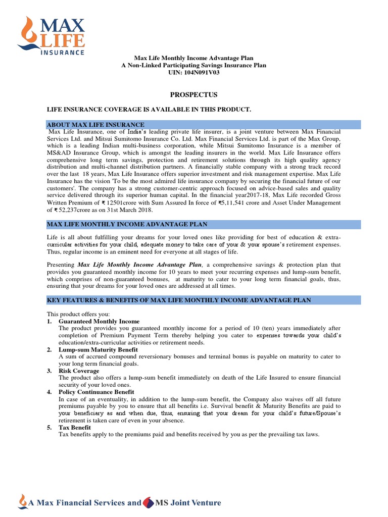 Max Life Monthly Income Advantage Plan Prospectus | PDF | Life ...
