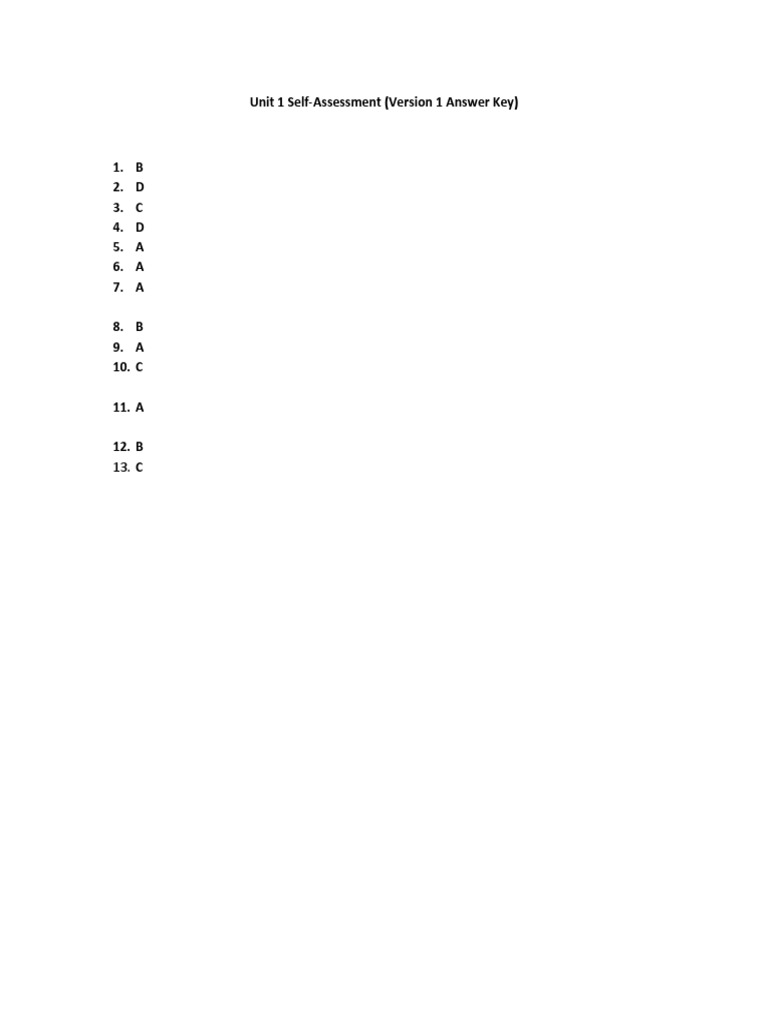 Unit 1 Self-Assessment (Version 1 Answer Key) | PDF