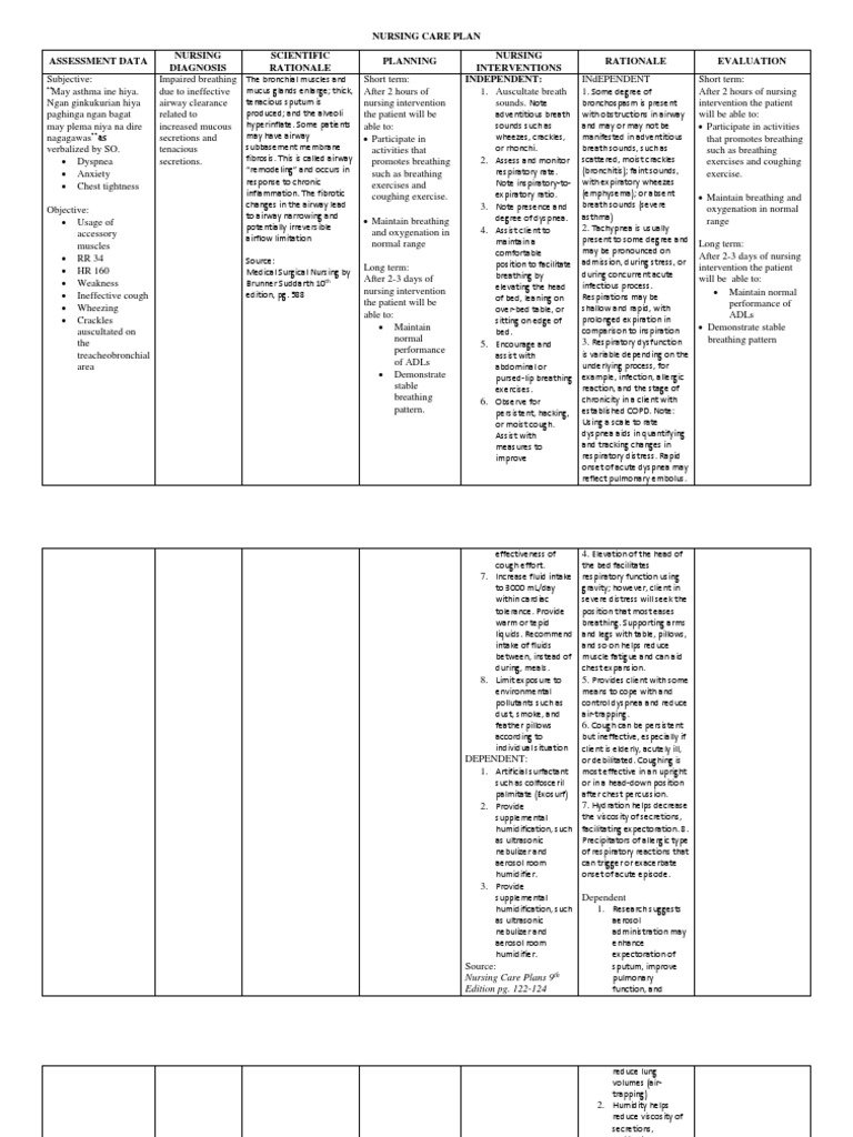 Nursing Care Plan Assessment Data Nursing Diagnosis Scientific Rationale Planning Nursing ...