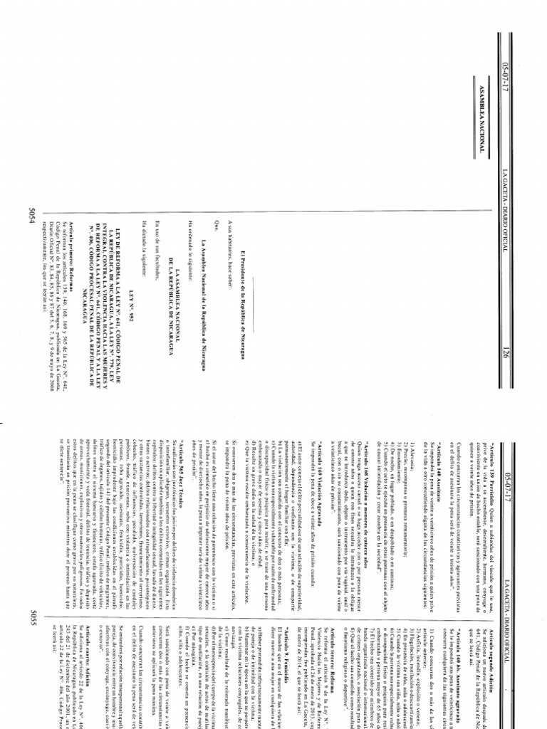 Ley No. 952, Ley de Reforma A La Ley No. 641, Código Penal de La ...