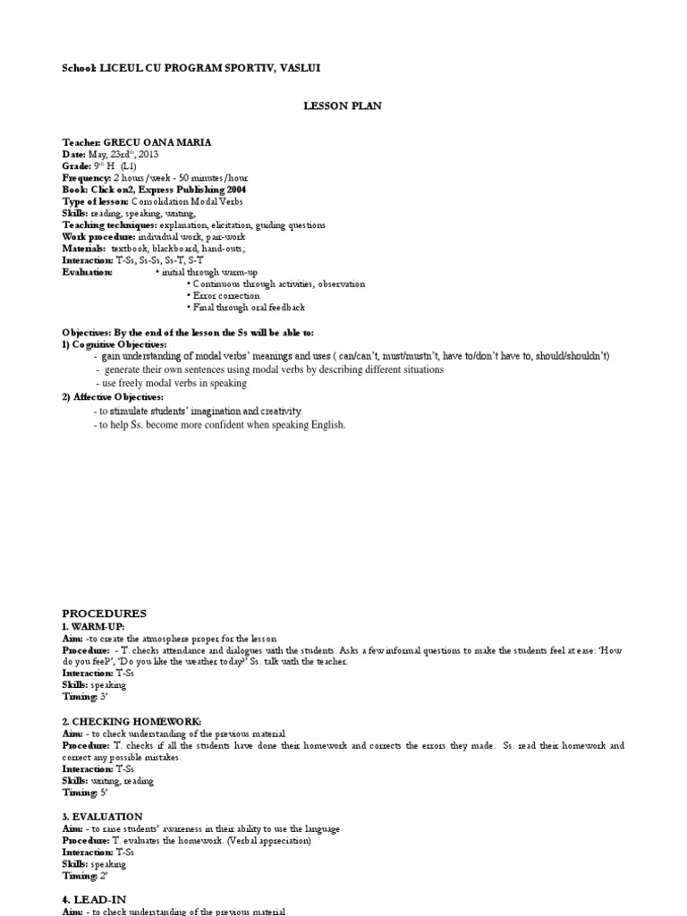 Modal Verbs Lesson Plan | PDF | Homework | Verb