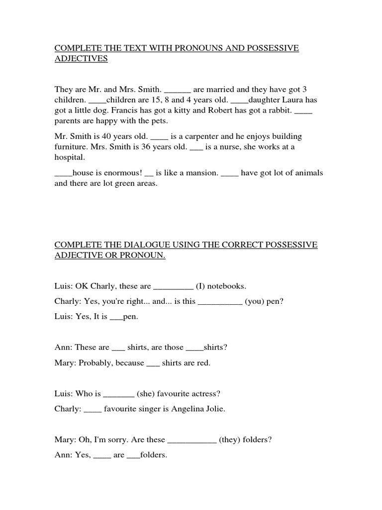 Complete The Text With Pronouns and Possessive Adjectives | PDF