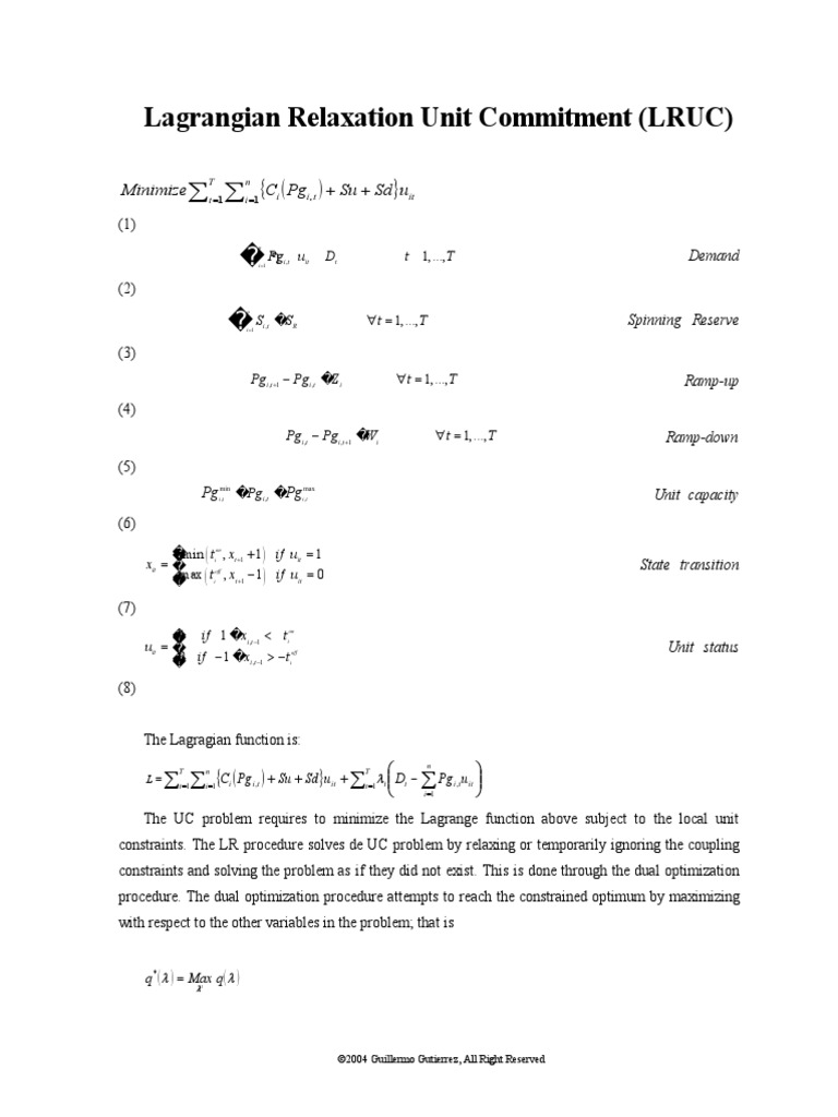 Lagrangian Relaxation Unit Commitment Lruc U Sd Su Pg C Minimize Pdf Auction Prices