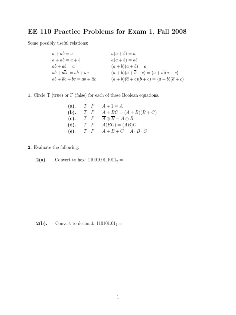 EE 110 Practice Problems For Exam 1, Fall 2008 | PDF | Boolean Algebra ...