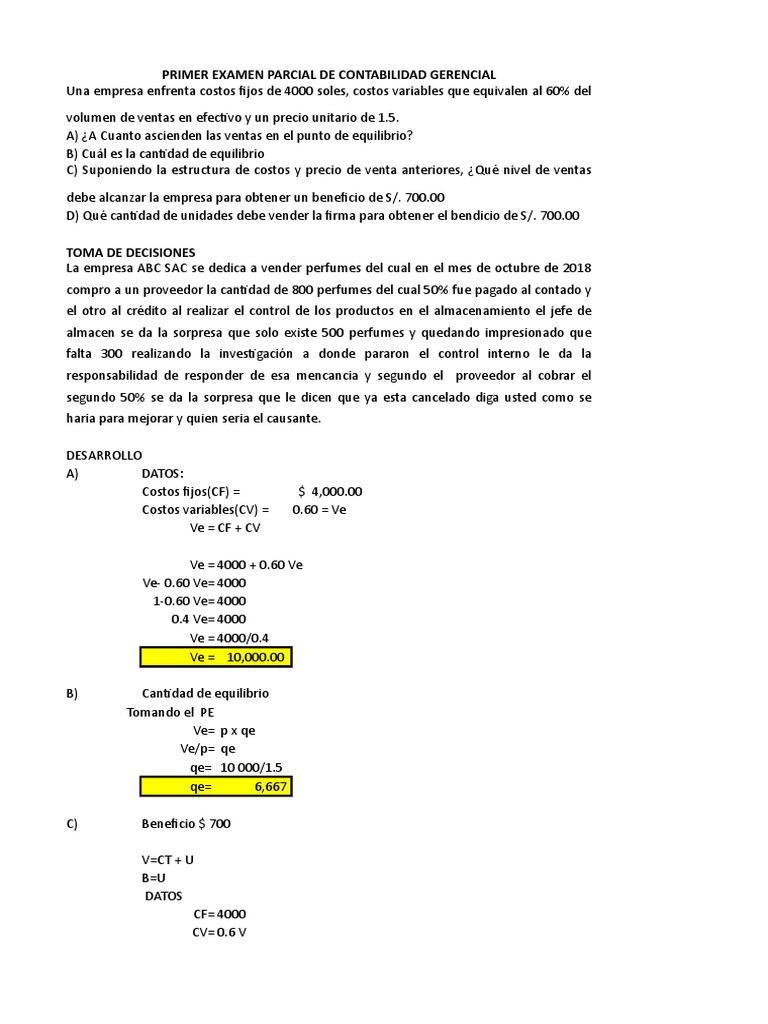 4418 Primer Examen Parcial Contabilidad Gerencial-1556434568 | PDF | Activo fijo | Hoja de balance