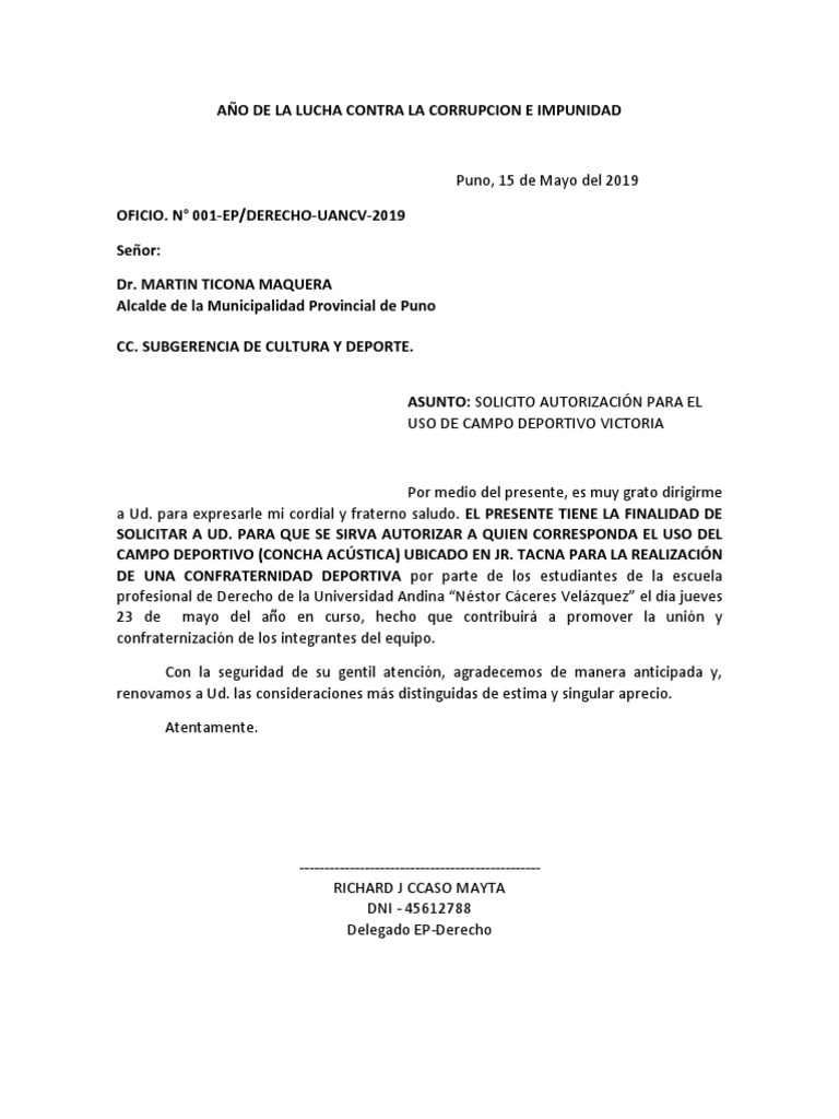 Oficio de Solicitud de Plataforma Deportiva