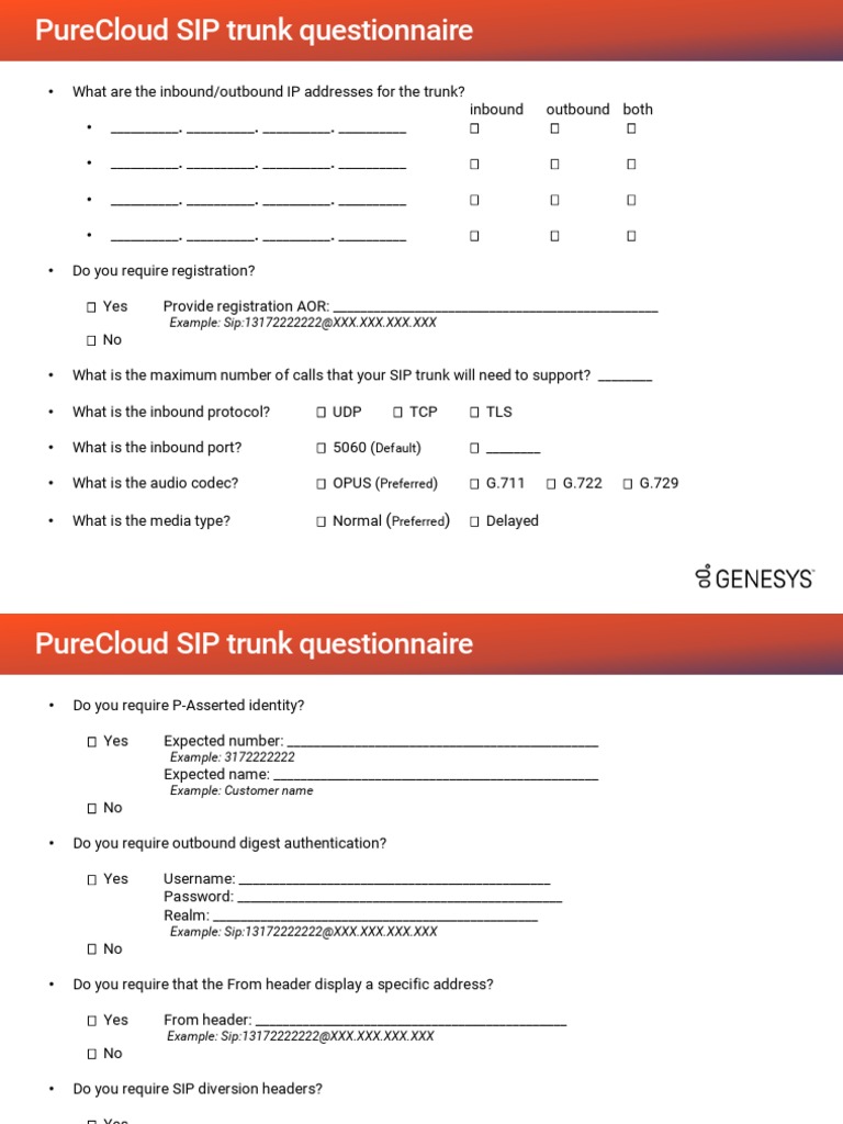 SIP Trunk Questionnaire For Your SIP Provider | PDF