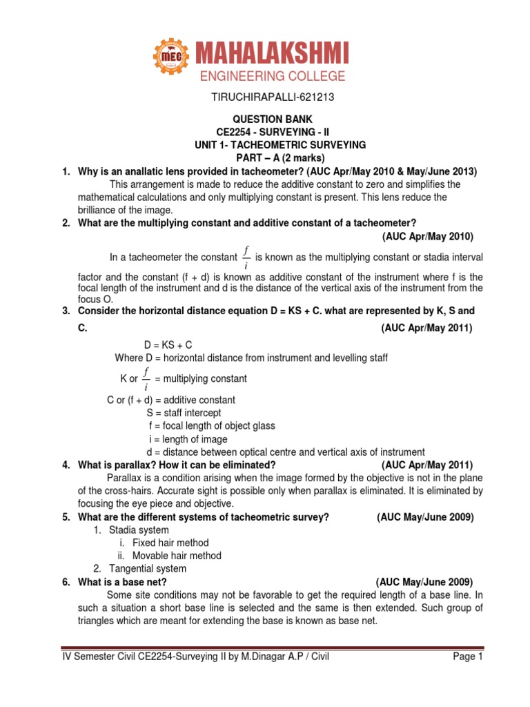 Tacheometric Surveying Concepts and Methods | PDF | Optics | Geometric ...