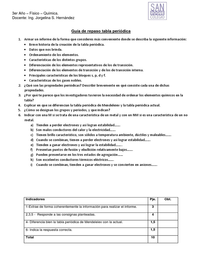 Guía de Repaso sobre la Tabla Periódica | PDF | Tabla periódica ...