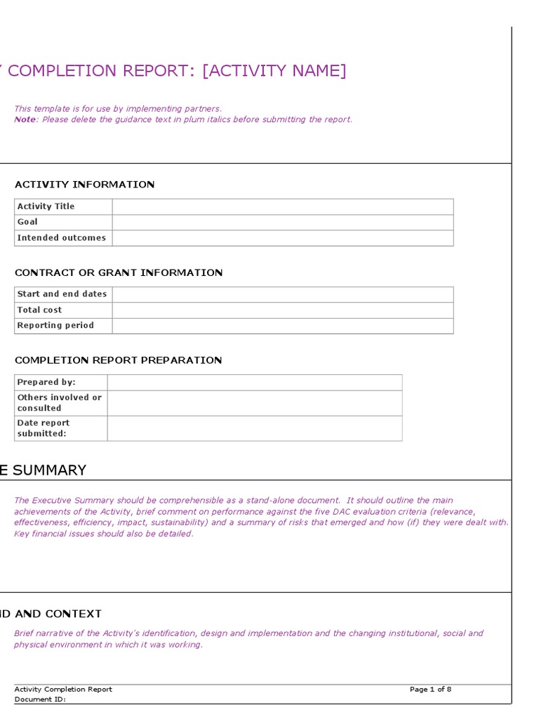 Activity Completion Report Template | PDF | Risk | Evaluation