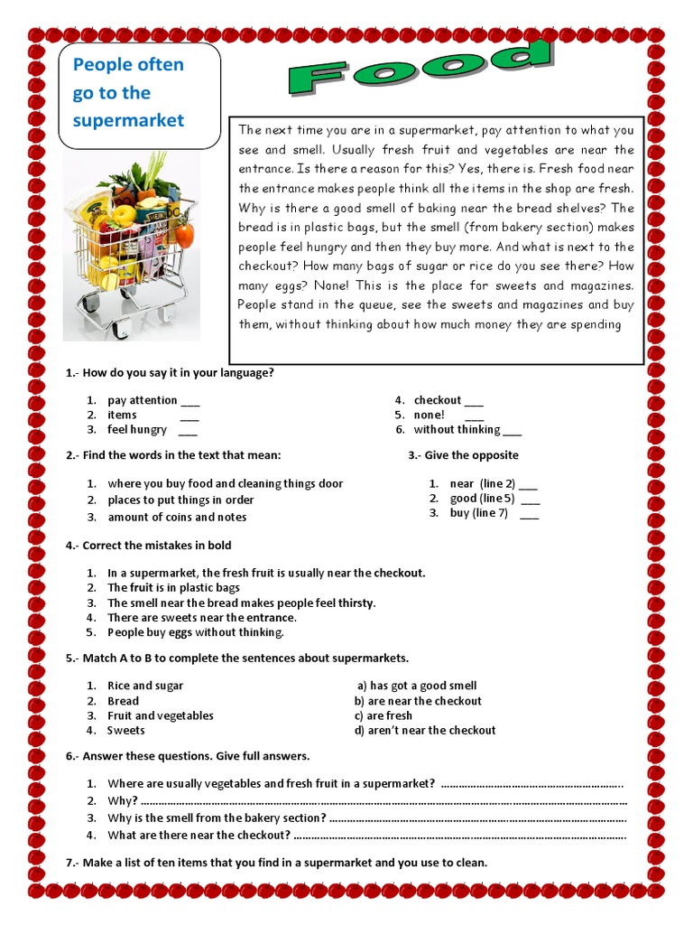 Food Reading Comprehension Exercises 78940 | PDF | Supermarket | Breads