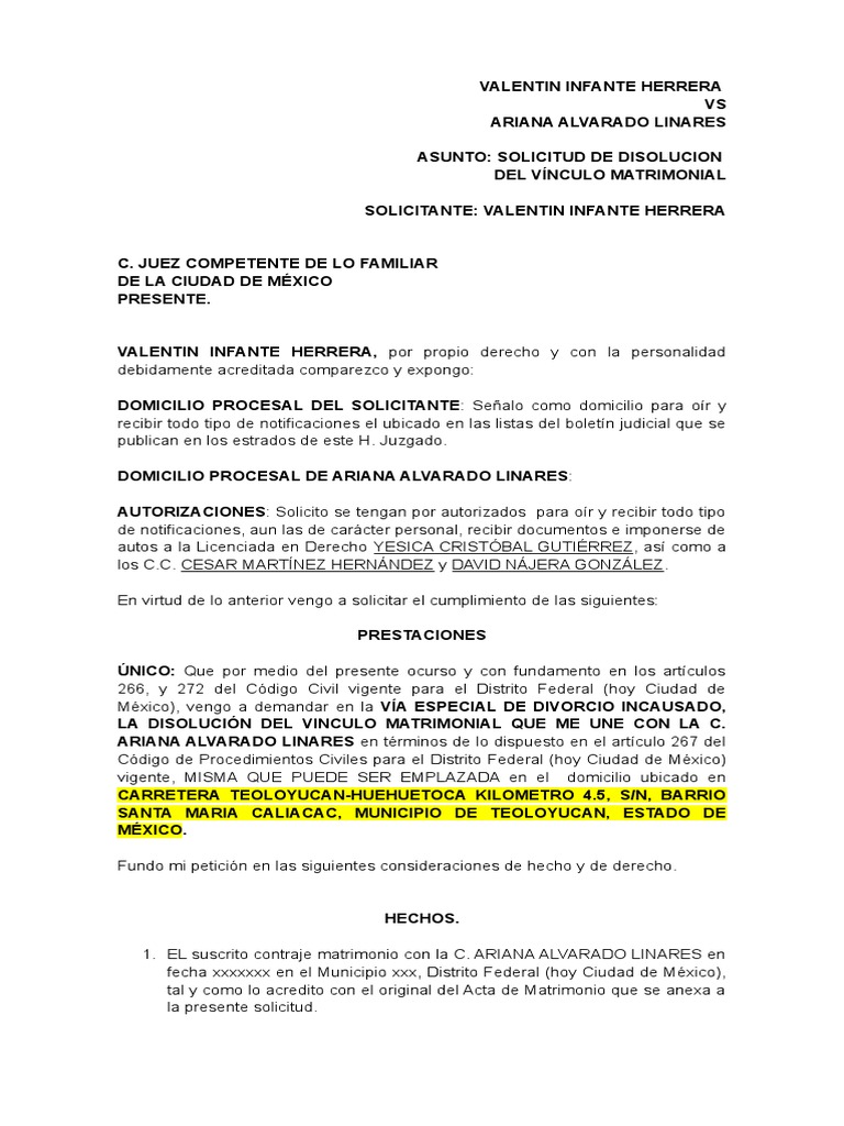 Solicitud De Divorcio Docx Convenciones Sociales Divorcio