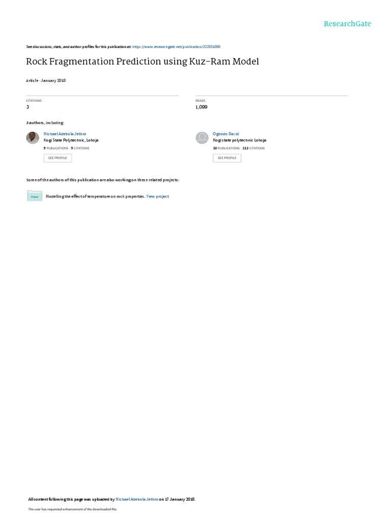 Rock Fragmentation Prediction Using Kuz-Ram Model: January 2018 | PDF ...