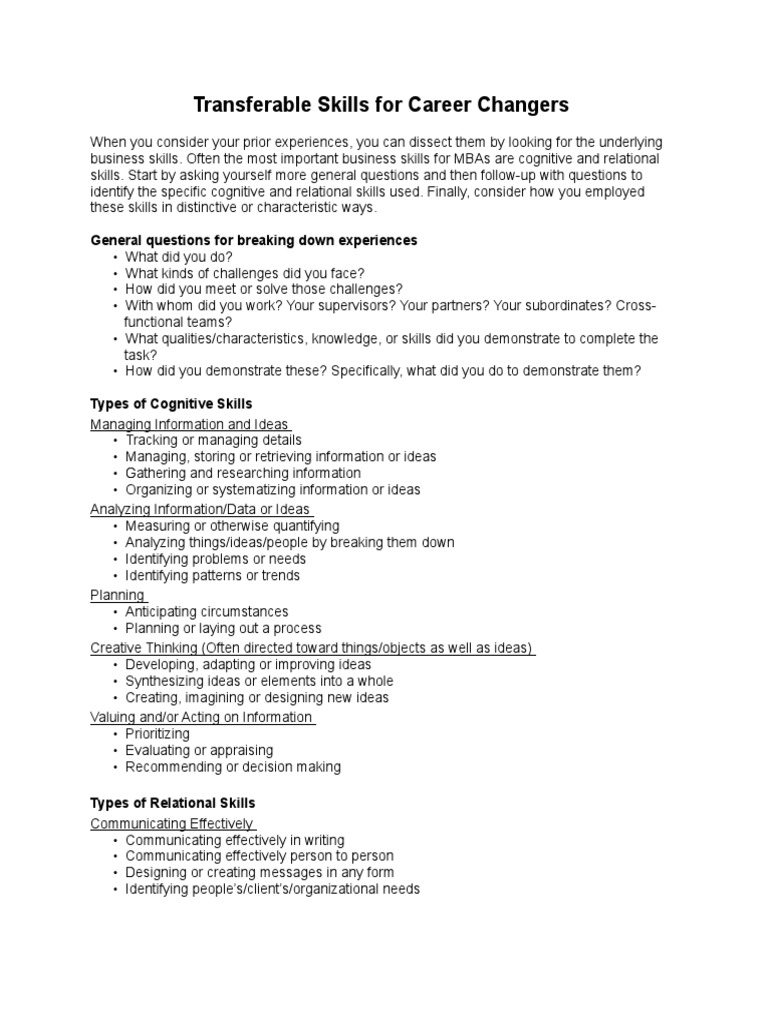 Transferable Skills For Career Changers | PDF | Goal | Information
