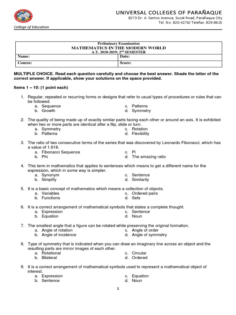 MMW Prelims | PDF | Angle | Test (Assessment)