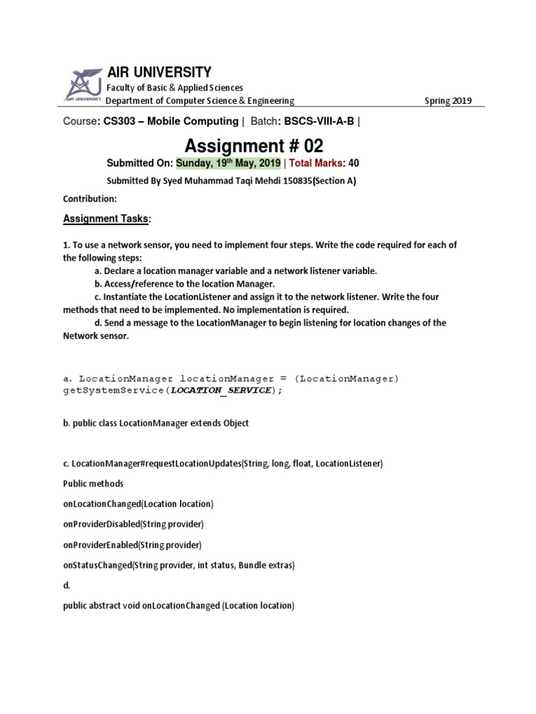 Assignment # 02: Air University | PDF | Class (Computer Programming ...