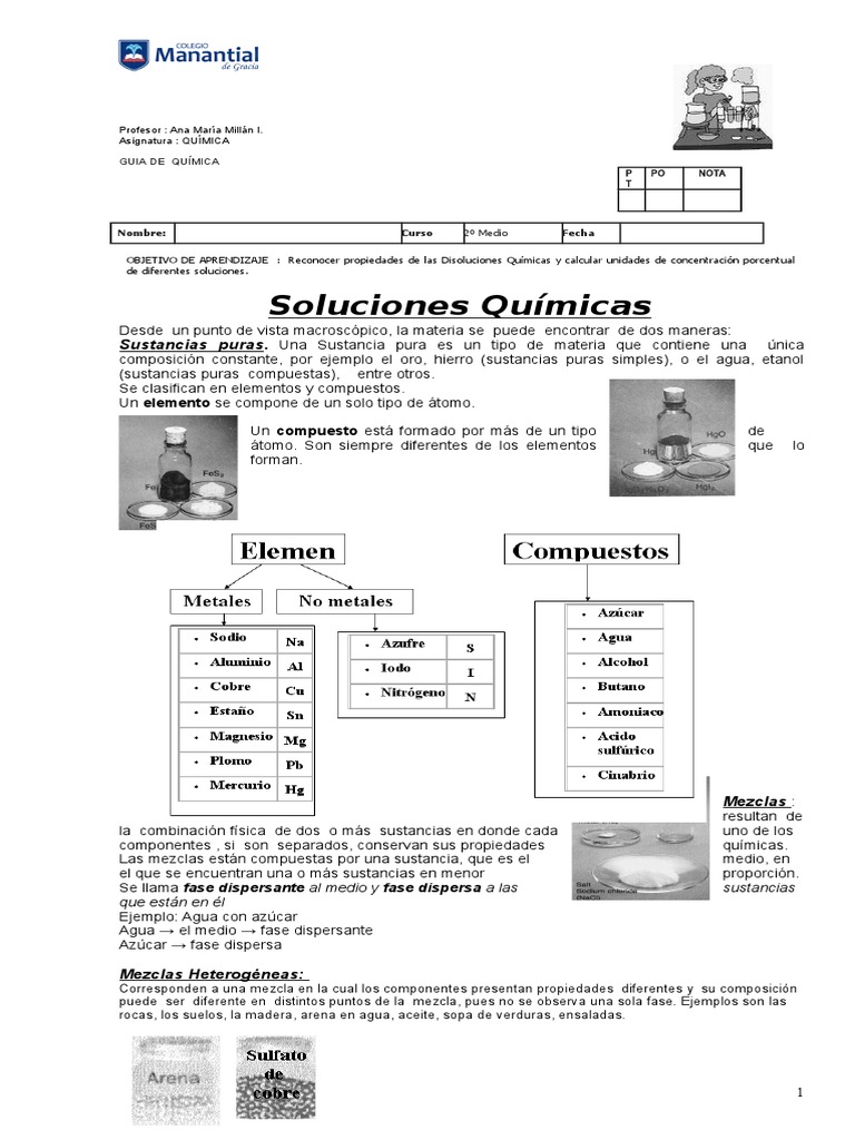 Guía de Aprendizaje Química 2° Medio Disoluciones Químicas | PDF | Concentración | Mezcla